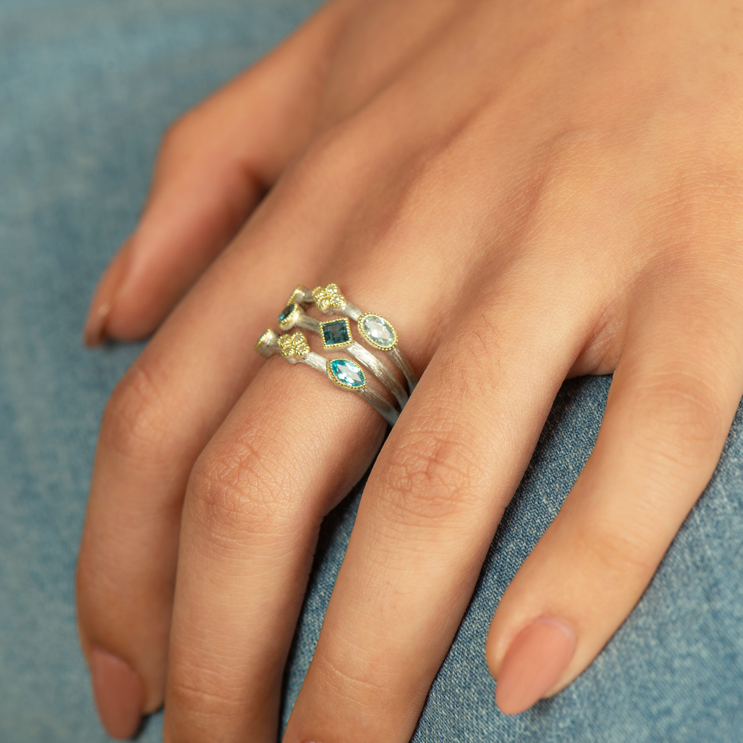 Mixed Metal Three Row Ring with Alternating White Diamonds and Blue ...